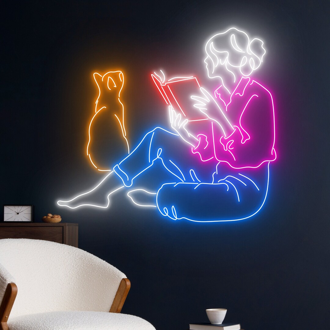 Woman Read Book and Cat Neon Sign, Girl Reading Book LED Light, Book ...