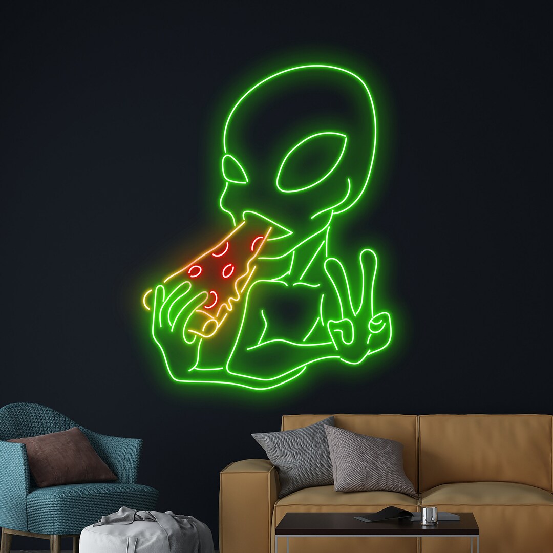 Alien Eating Pizza Neon Sign, Pizza Alien Neon Light, Alien Eats Pizza ...