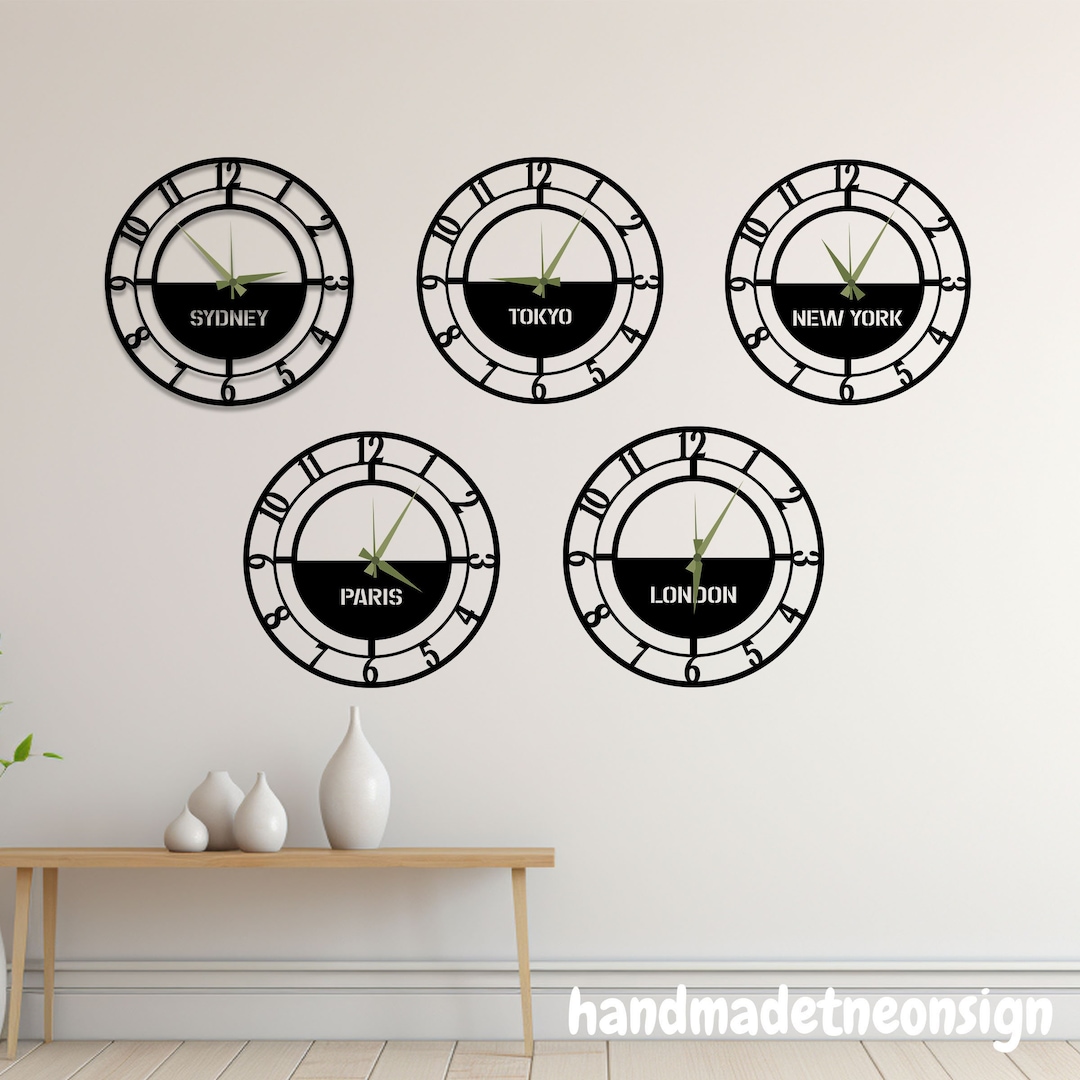 World Time Zone Clock Custom Black Metal Wall Clock Modern Wall Clock ...