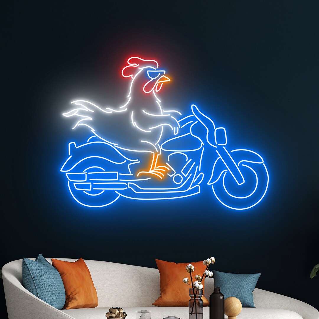 Rooster Motorbike Neon Sign, Rooster Biker Led Sign, Chicken Motorcycle ...