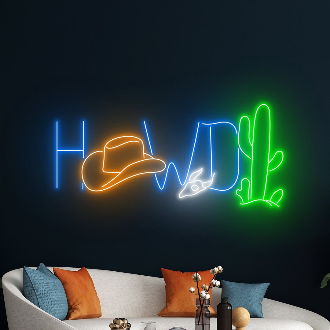Howdy Desert, Neon Sign, Howdy Cowboy Hat Cactus Led Light, Western ...