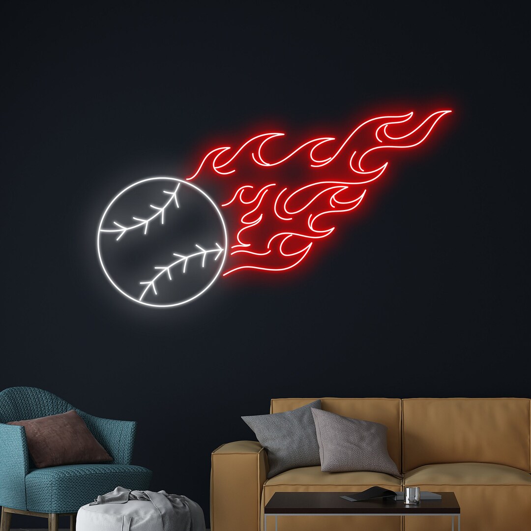 Fire Baseball Neon Light, Fire Ball Player Led Sign, Flaming Base Ball ...