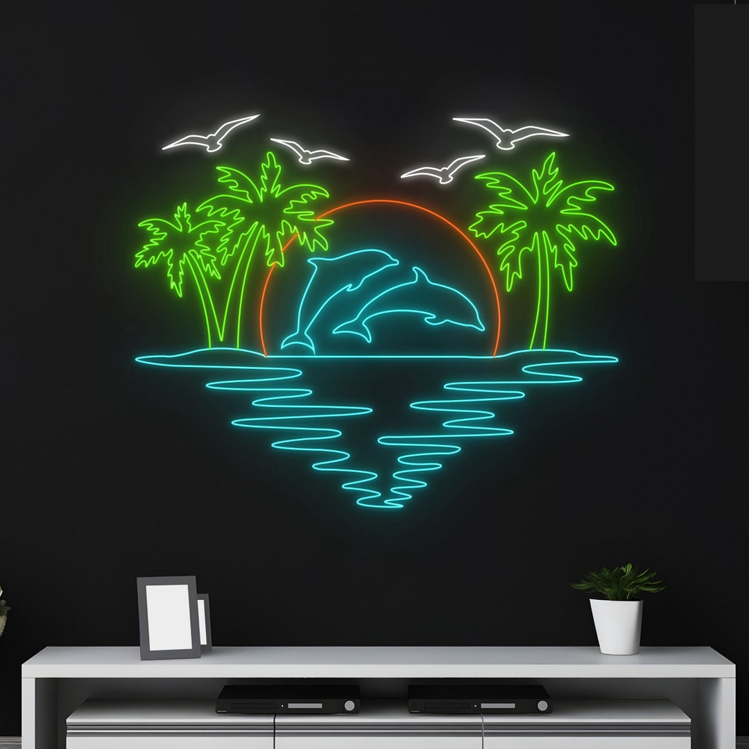 Custom Ocean Scene Neon Sign, Dolphin Sun Palm Tree Wave Led Sign ...