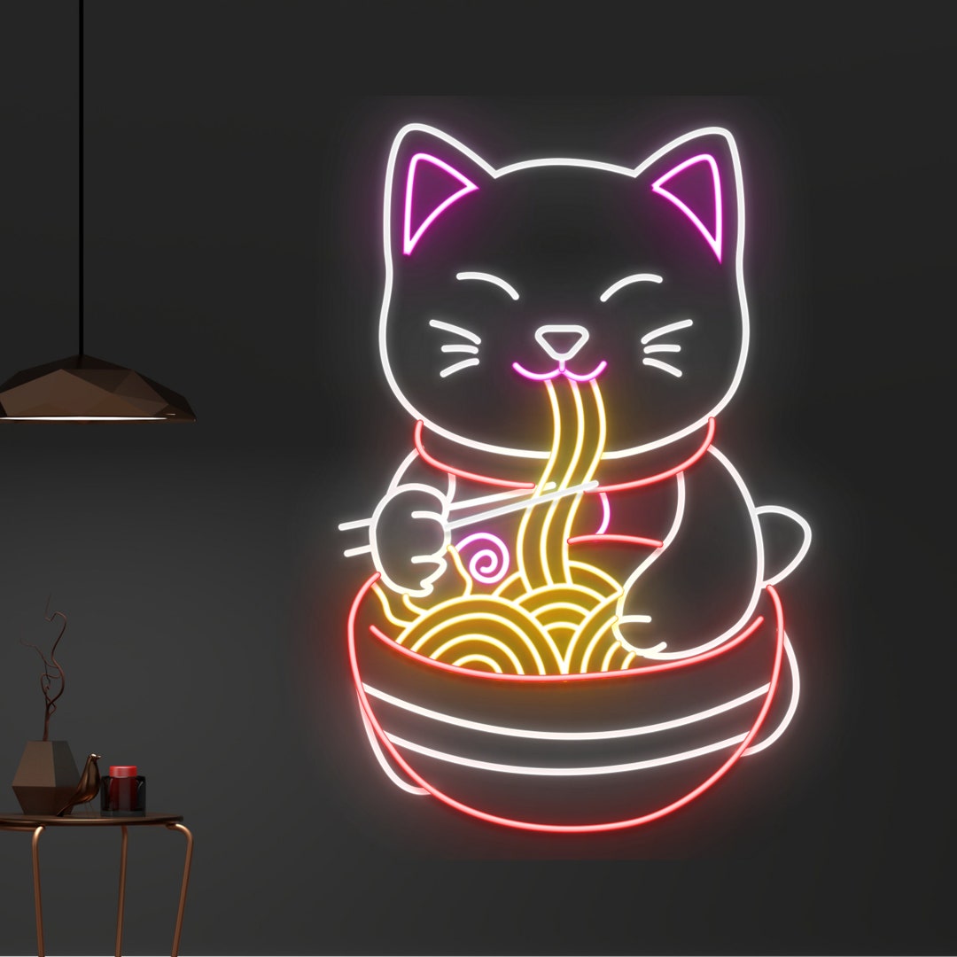 Custom Cat Eating Noodles Neon Sign, Cat Eats Ramen Led Light, Cat Neon ...