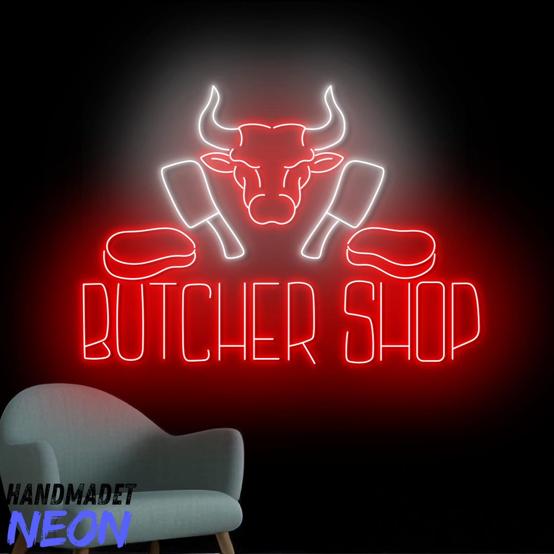Butcher Shop Open Neon Sign, Butcher Led Sign, Cow Meat Neon Light ...