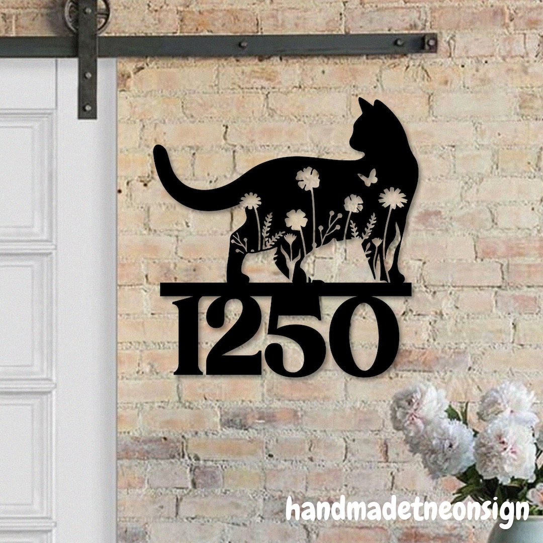 Personalized Floral Cat House Number, Floral Cat Home Number Metal Wall ...