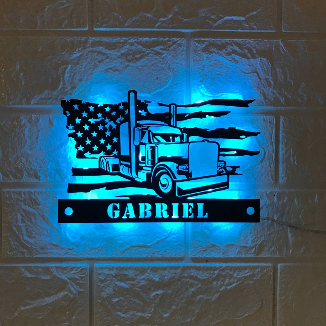 Custom US Semi Truck Driver Metal Wall Art LED Light - Personalized Trucker Name Sign Home Decor ...