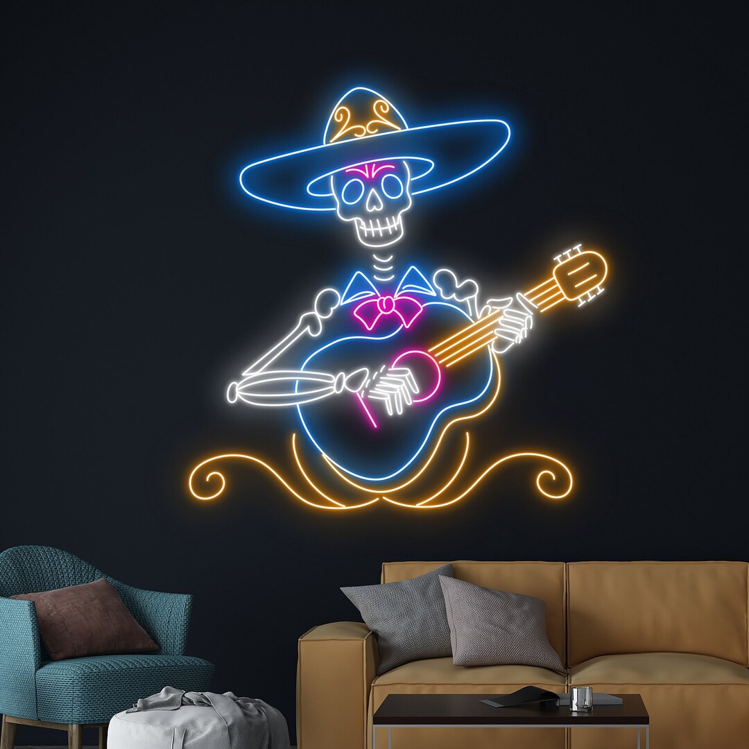Custom Mexican Skeleton Playing Guitar Neon Sign, Skeleton in Sombrero ...