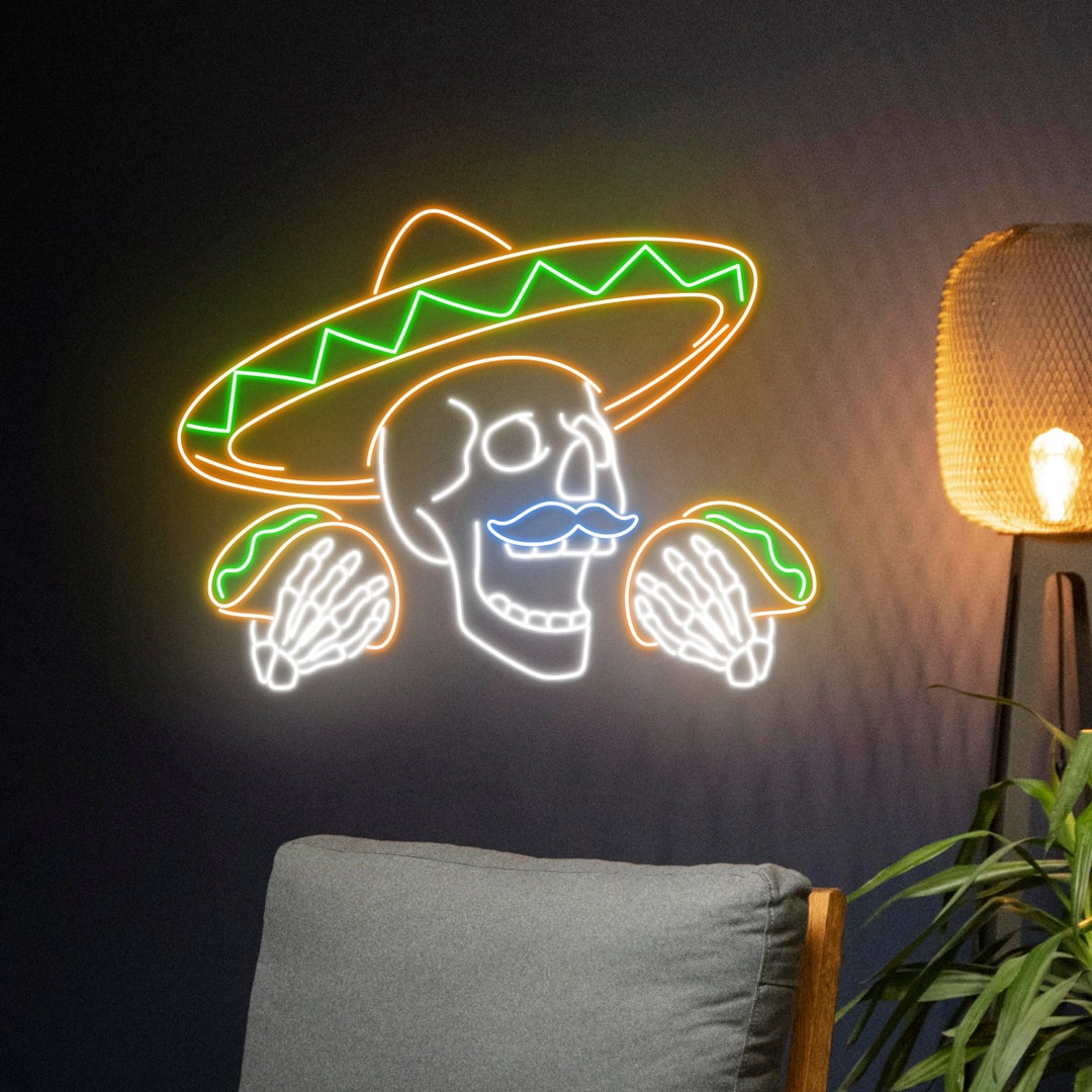 Mexican Skull Tacos Neon Light, Mexico Skeleton Taco Led Sign, Sombrero ...