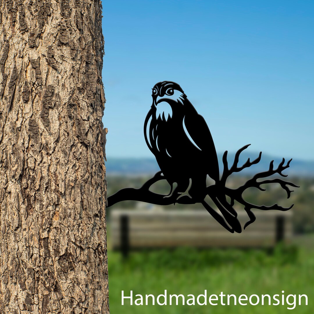 Personalized Hawk on Branch Metal Tree Stake, Hawk Garden Tree Stake ...