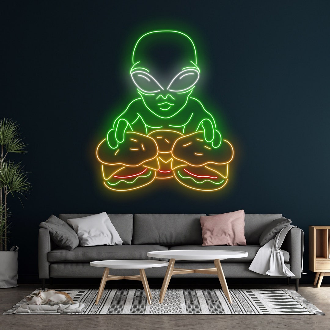Alien Eating Burger Neon Sign, Burger Alien Neon Light, Alien Eats ...