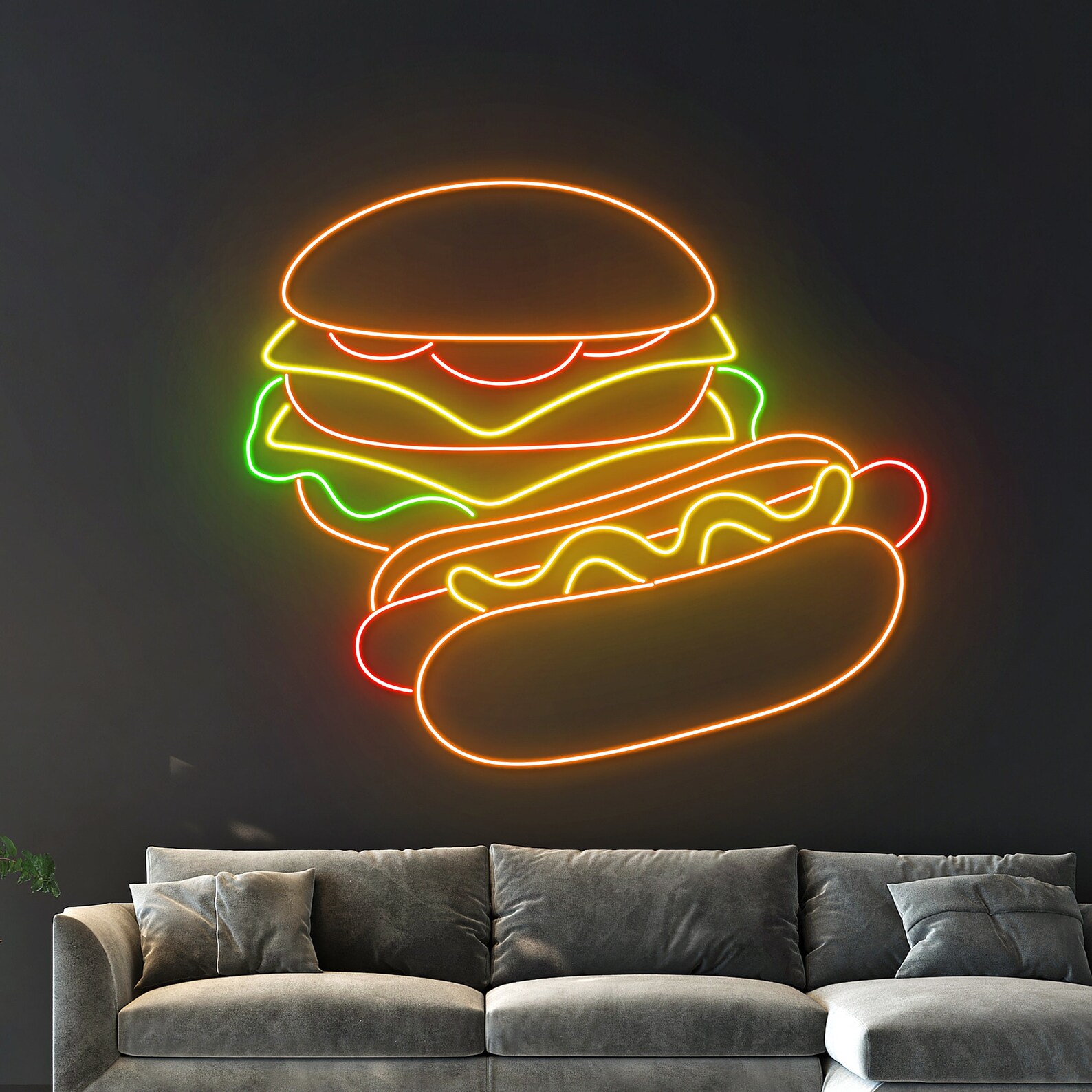 Couple Burger and Hotdog Neon Sign, Burgers Neon Light, Burgers Led ...