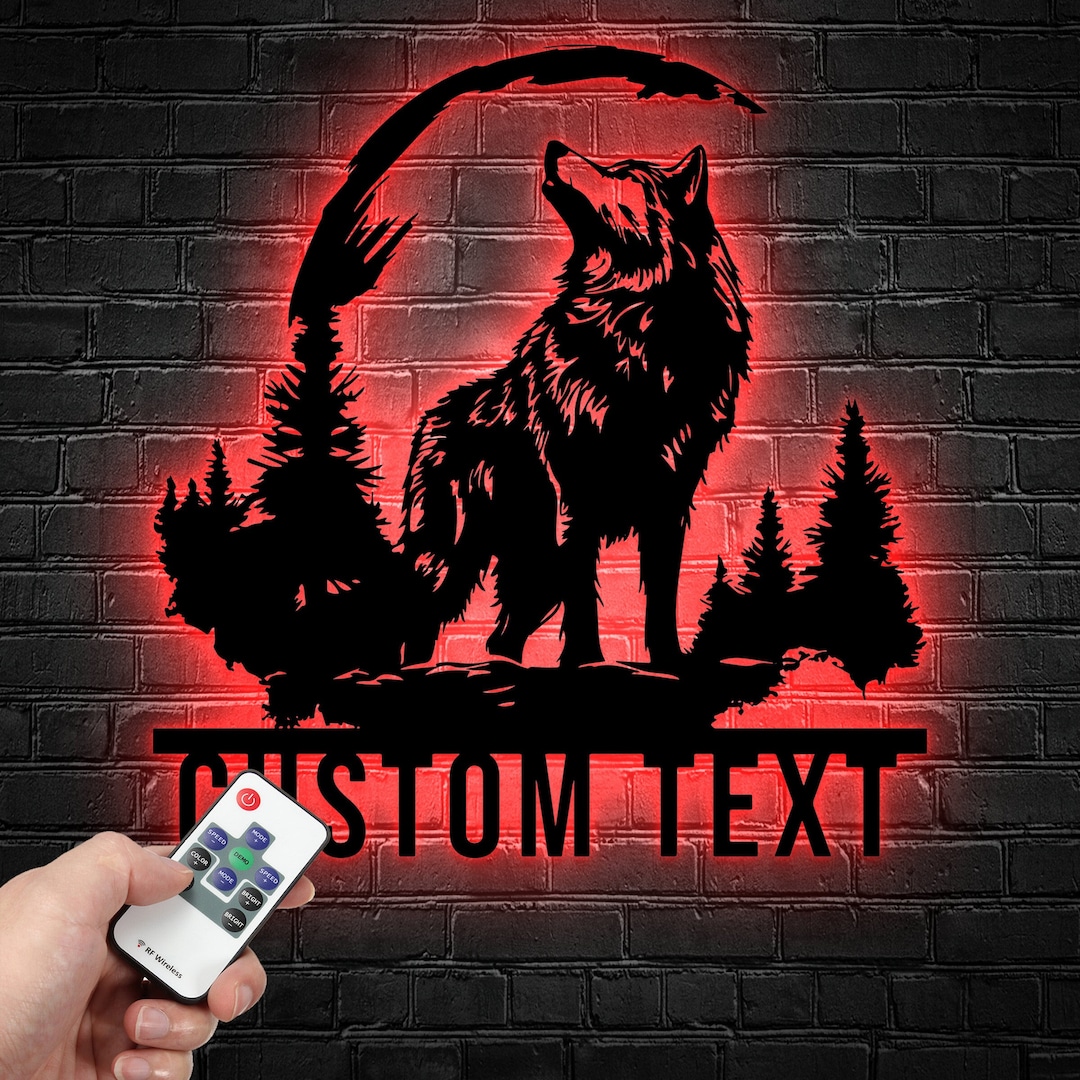 Personalized Wolf Metal Wall Art LED Light, Custom Wolf Metal Sign Room ...