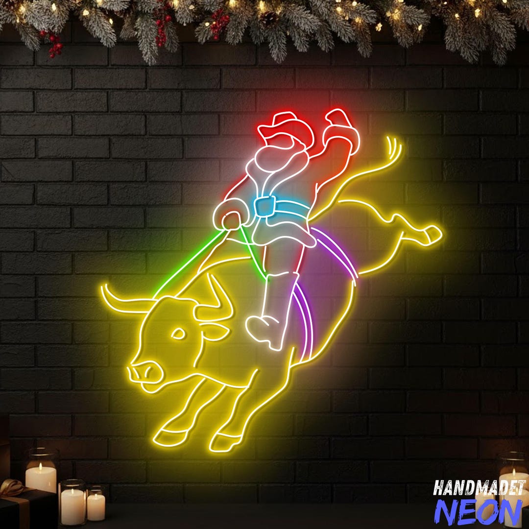 Santa With Bull Neon Sign, Rodeo Santa Neon Sign, Cowboy Christmas LED ...
