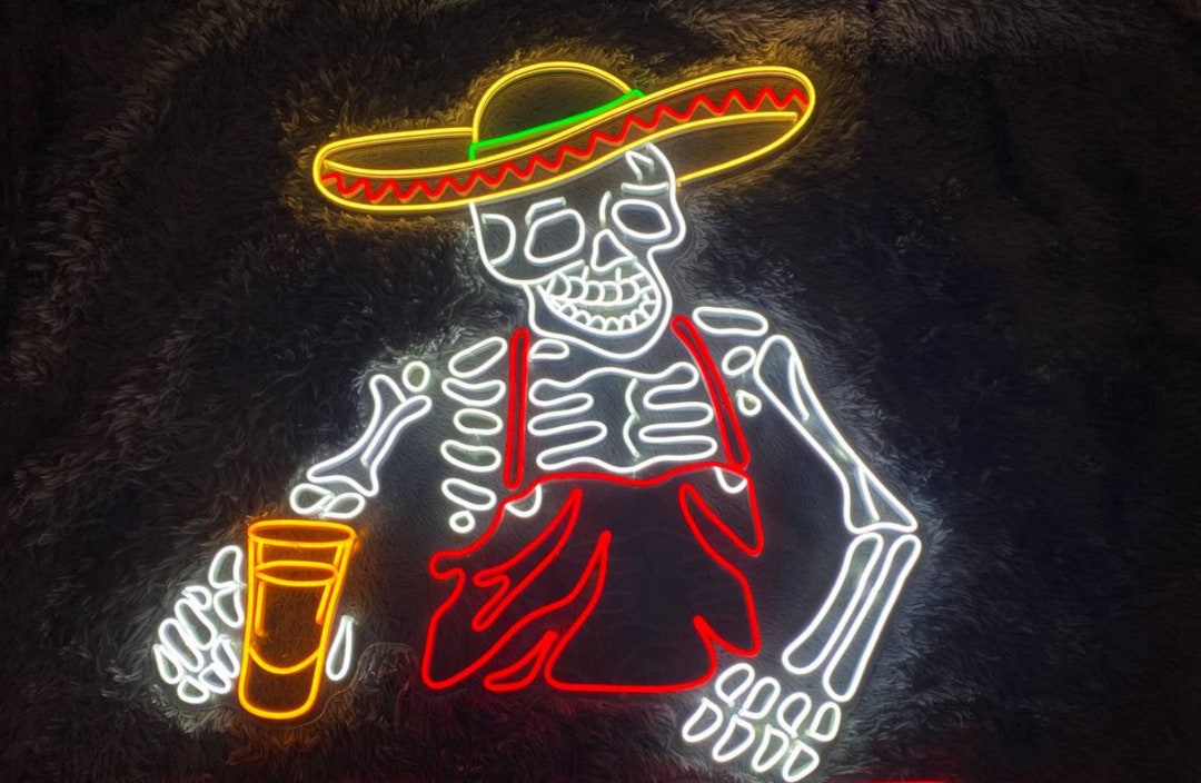 Mexican Skeleton With Beer Led Sign, Mexican Skeleton Neon Sign, Wall ...
