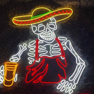 Mexican Skeleton With Beer Led Sign, Mexican Skeleton Neon Sign, Wall ...