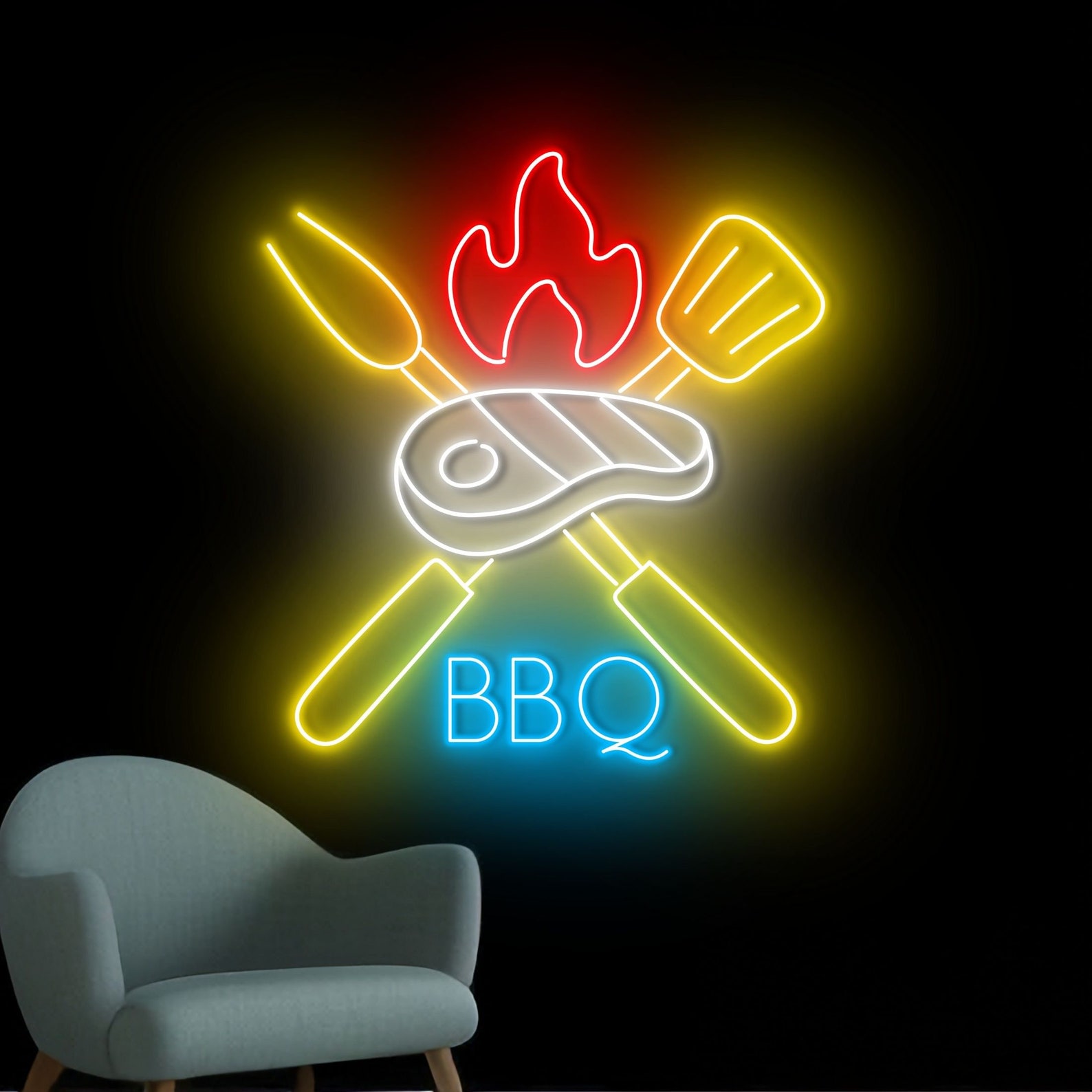 BBQ Neon Wall Sign, Barbecue Neon Wall Light, Steak Butcher Led Wall ...