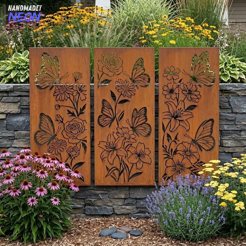 Custom Butterfly Metal Garden Wall Panel, Botanical Privacy Screen ...