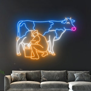Man Milking Dairy Cow Neon Sign, Dairy Cow Milking Led Sign, Dairy ...