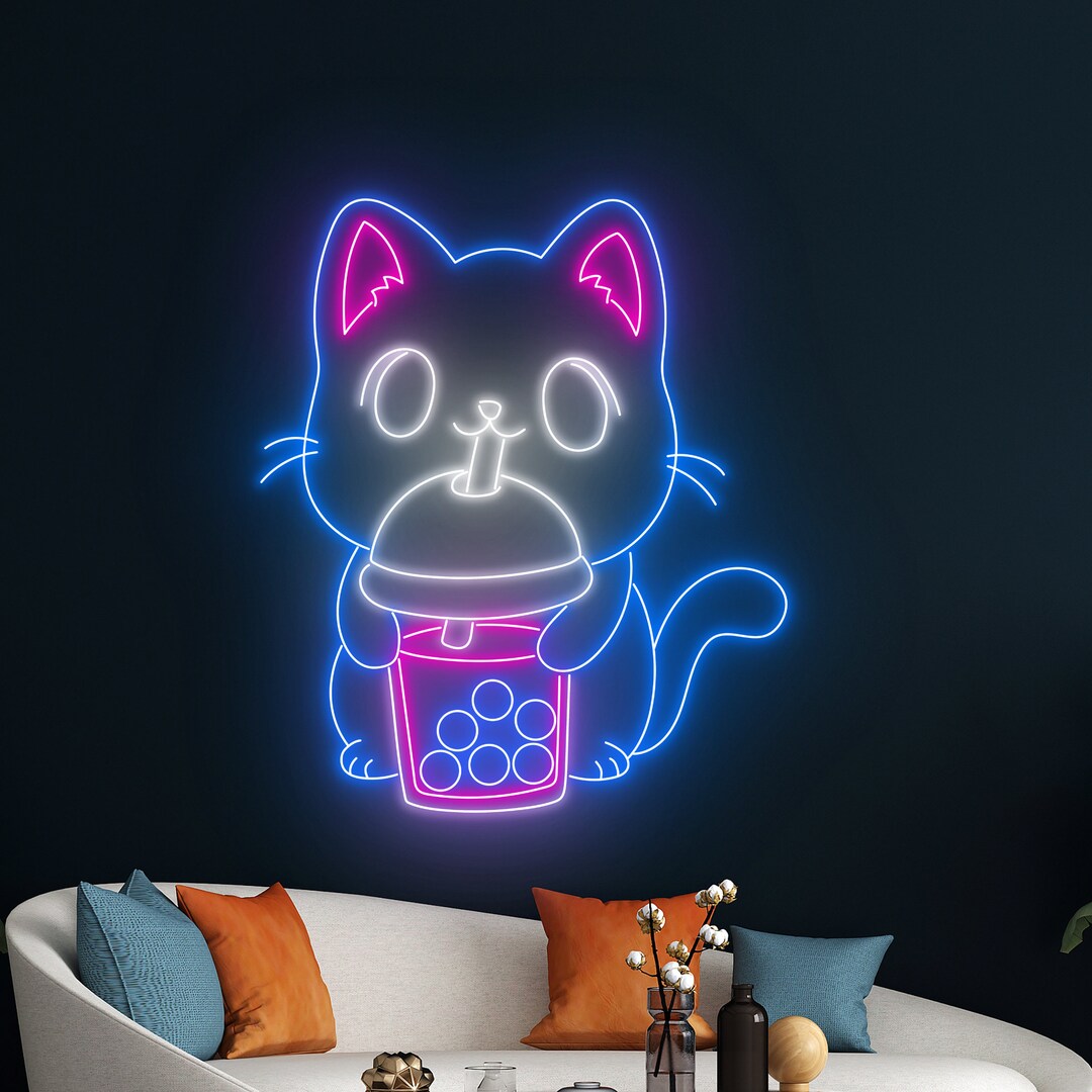 Cat Drinking Boba Tea Neon Sign, Boba Tea Neon Light, Milk Tea Led Sign ...
