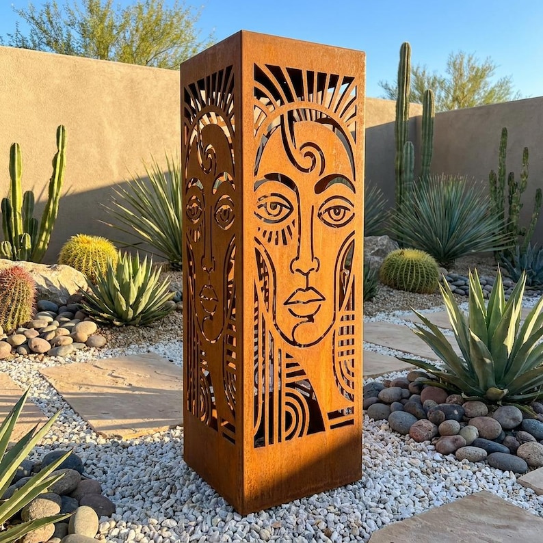 Abstract Face Metal Garden Column, Corten Steel Garden Pillar, Outdoor ...