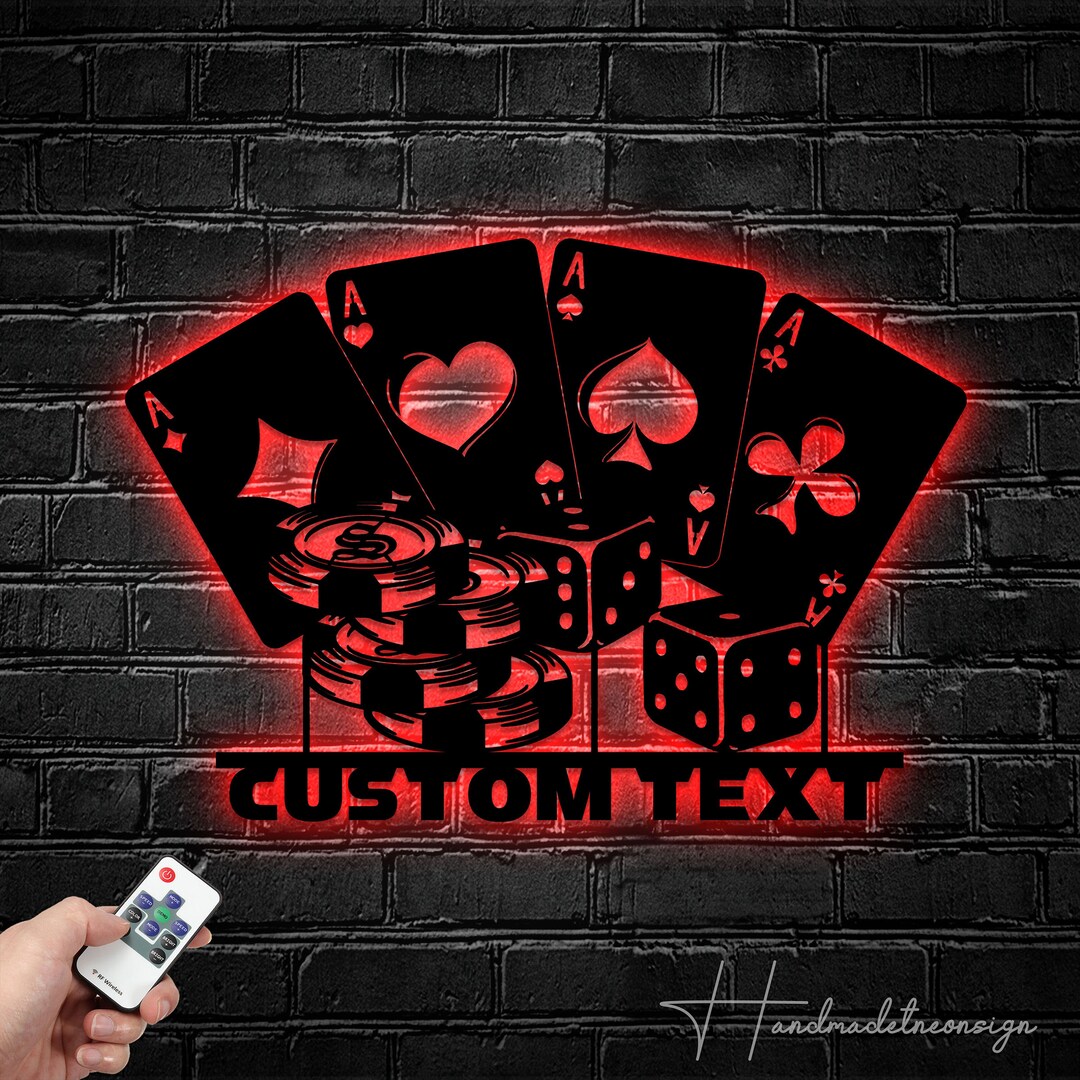 Casino Metal Wall Art LED Light, Playing Cards Metal Sign, Custom Name ...