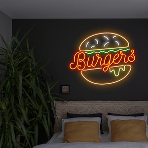 Burger Led Sign, Hamburger Neon Sign, Wall Decor, Burger Art Sign, Home ...