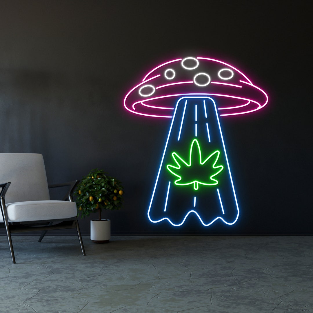 UFO Abduction Weed Leaf Led Sign, UFO Mushroom Weed Leaf Neon Sign, Wall Decor, UFO Weed Leaf ...