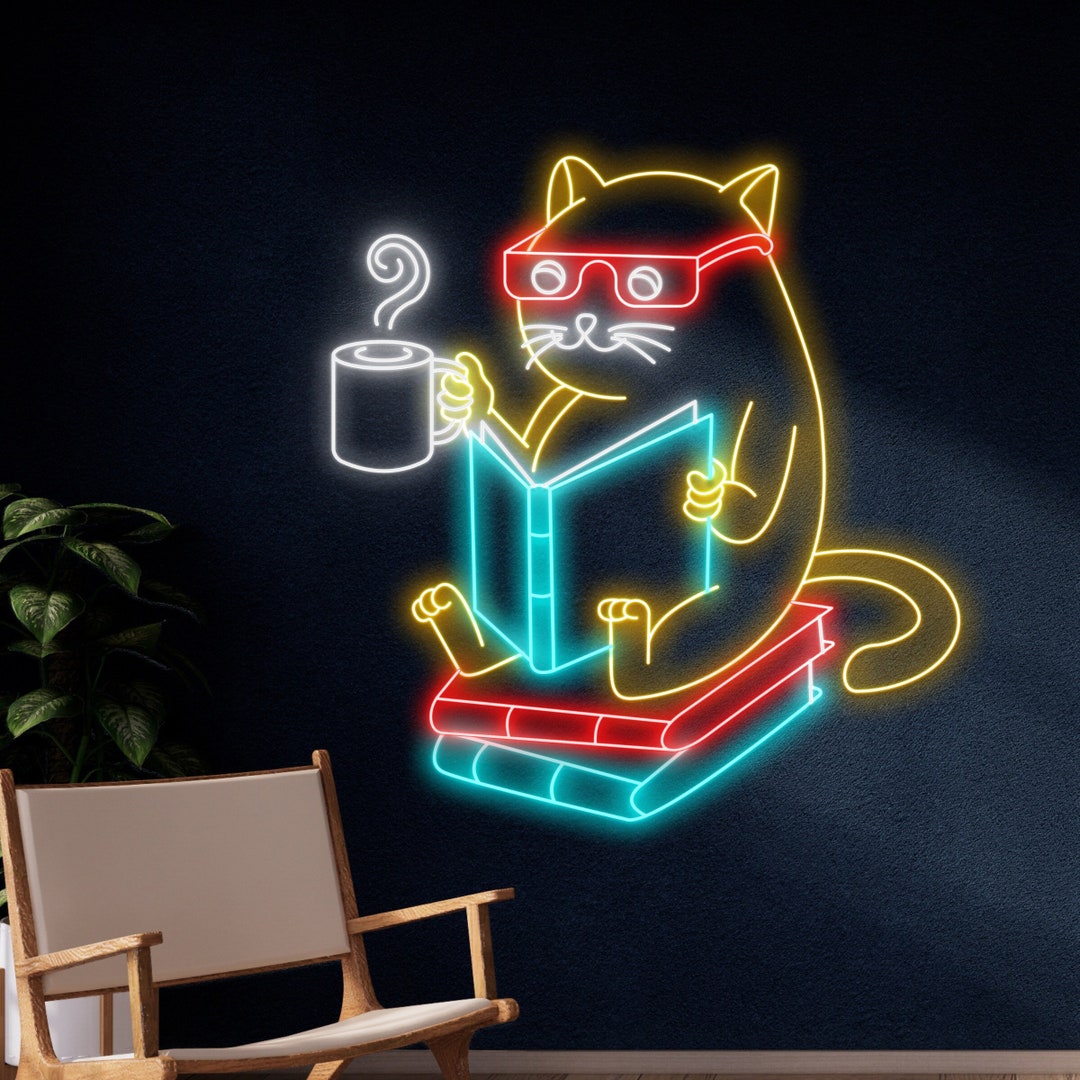 Custom Cat Reading Book Neon Sign, Cat Book LED Light, Cat Led Sign ...