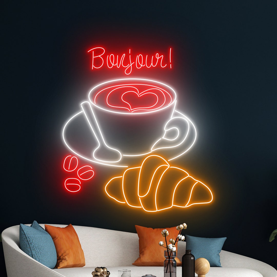 Croissant Coffee Neon Sign, Cafe Croissant Neon Light, Tea Cup ...