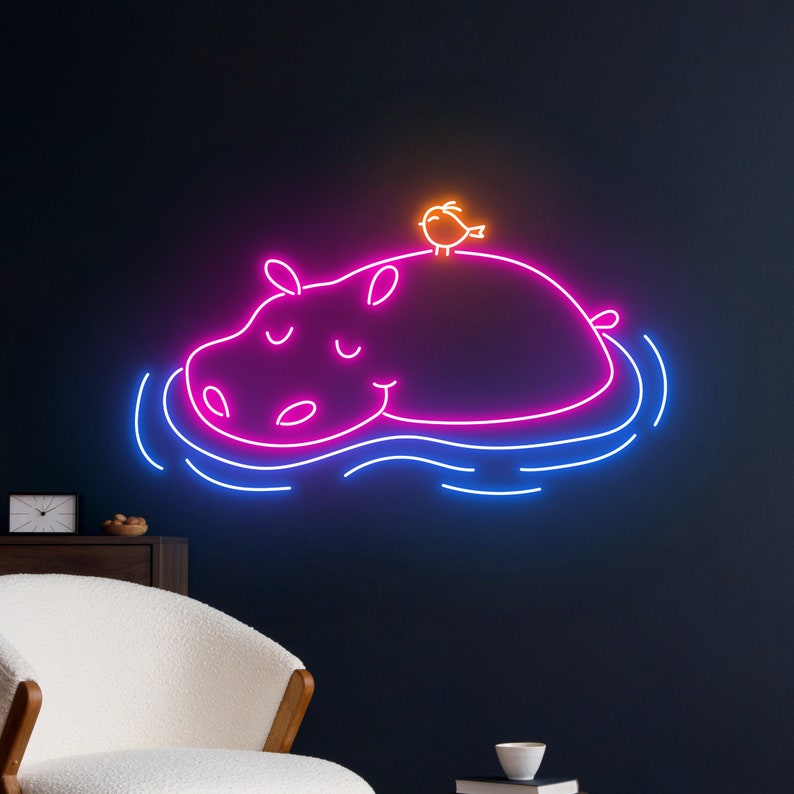 Hippo Neon Sign, Hippopotamus Led Sign, Hippo and Bird Led Sign ...