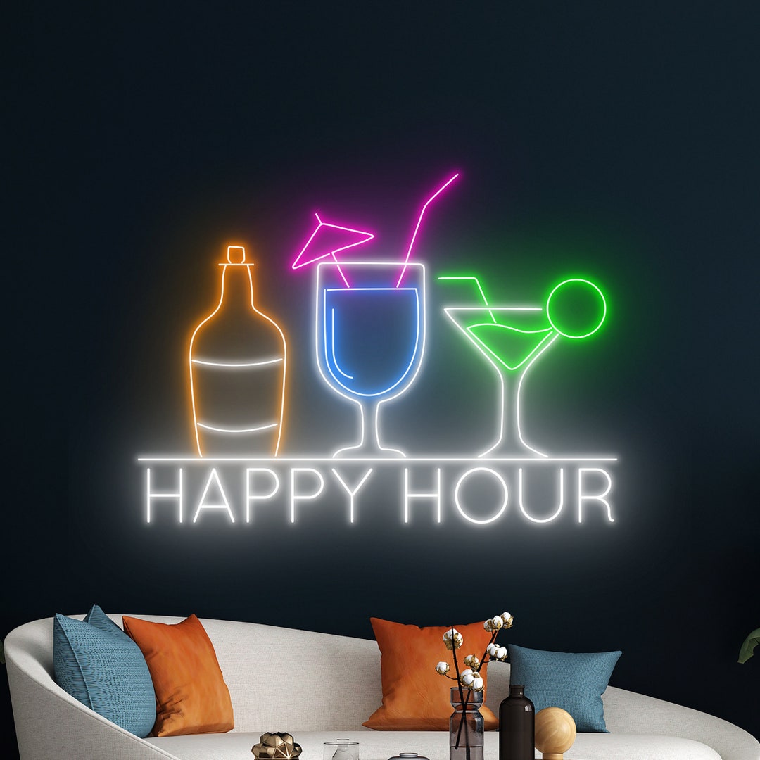 Happy Hour Neon Sign, Bar Logo LED Light, Cocktail Wine Neon Light ...