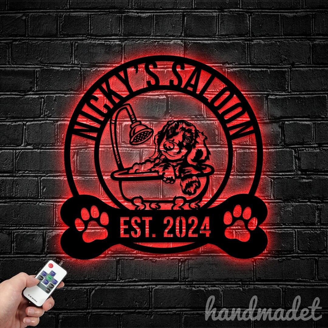 Personalized Dog Grooming Salon Metal Wall Sign, Dog Metal Wall Light ...