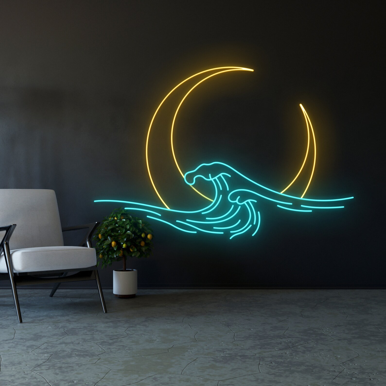 Custom Moon Ocean Waves Neon Sign, Sea Wave Moon Led Sign, Beach Led ...