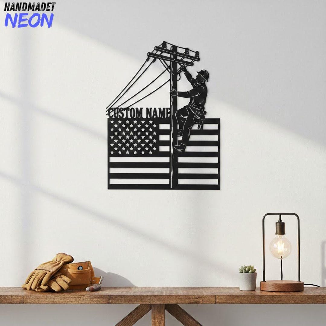 Personalized Lineman Metal Wall Art, Flag Sign, Electrician Gift ...