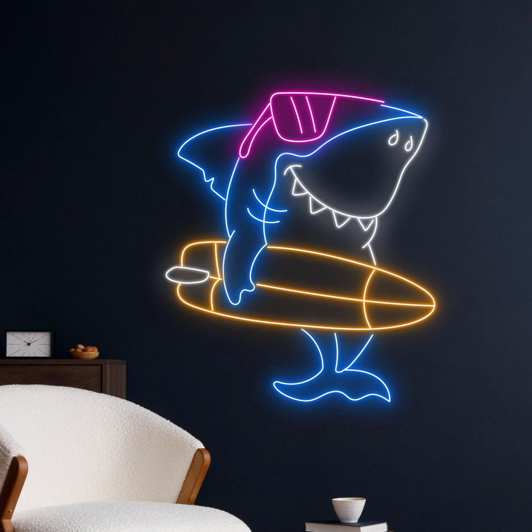 Shark Surfing Neon Sign, Surfer Shark Neon Light, Shark Surfboard Led ...
