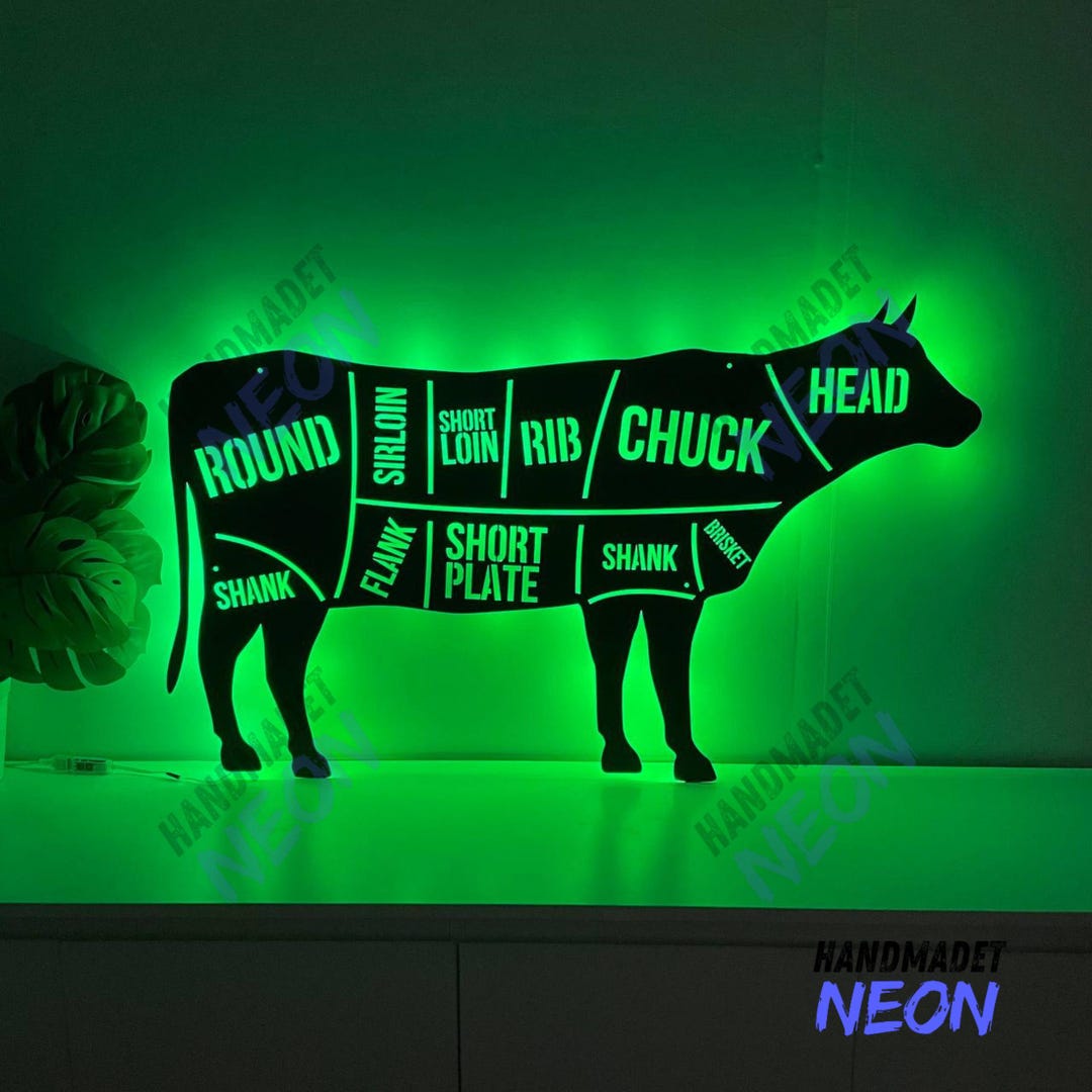 Personalized Cow Beef Cuts Metal Wall Art LED Light, Custom Meat ...
