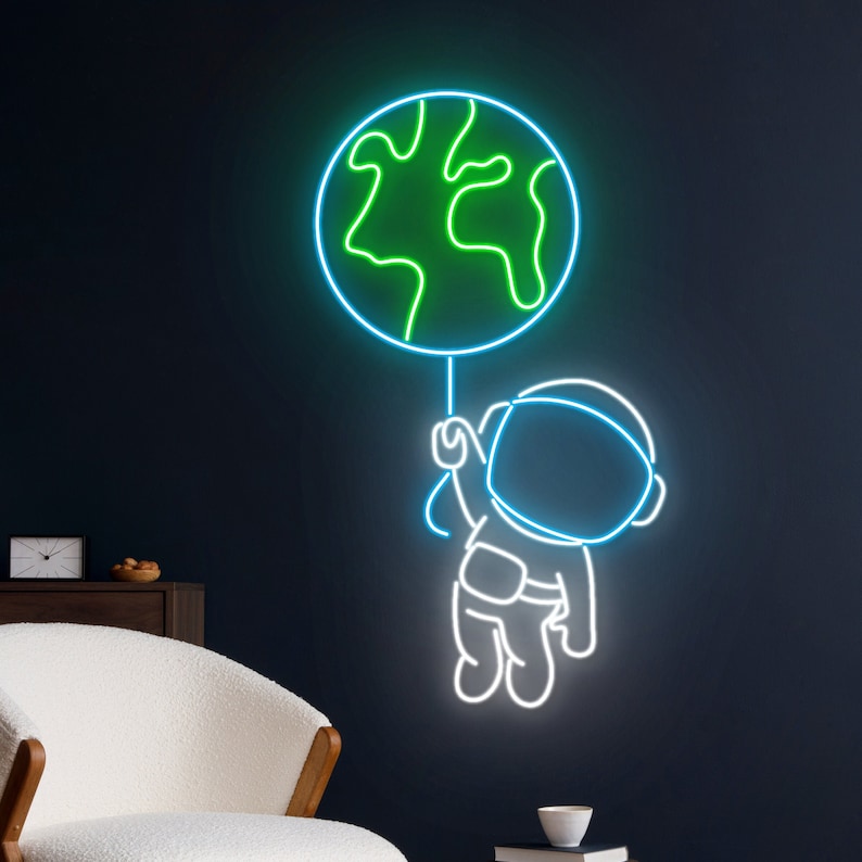 Planet Balloon Astronaut Neon Sign, Flying Astronaut Led Sign, Spaceman ...