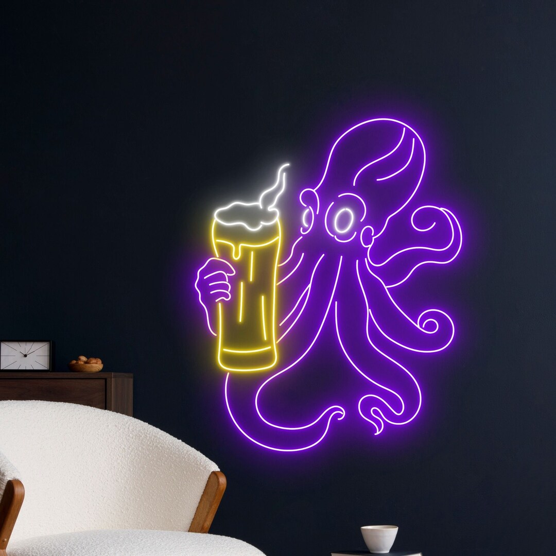 Octopus Drinking Beer Neon Sign, Cocktail Beer Neon Light, Octopus LED ...