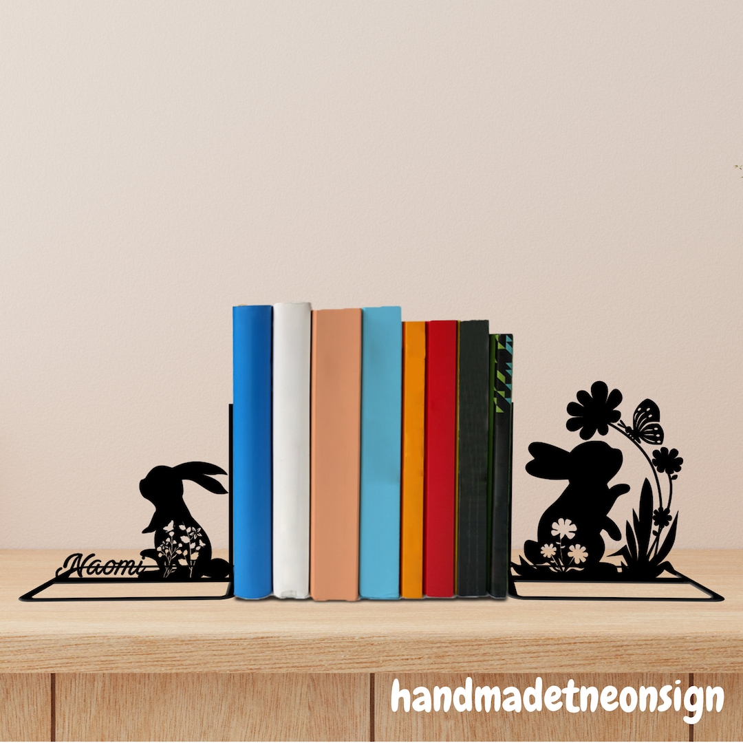 Custom Rabbit Metal Bookends Rabbit Name Bookend, Rabbit Table Sign ...