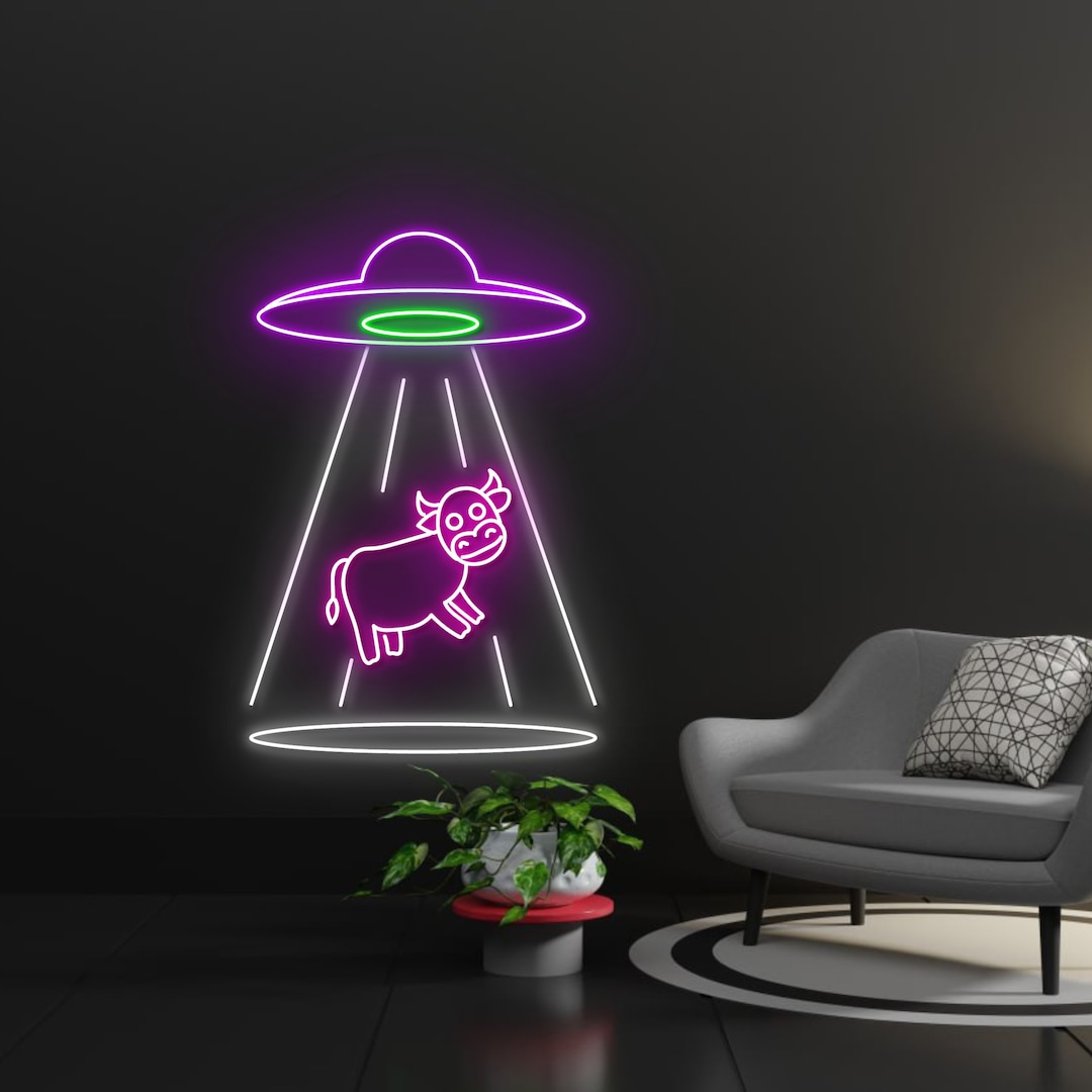 UFO Cow Abduction Neon Led Sign, Cow Meditation Pose Neon Sign, Wall ...
