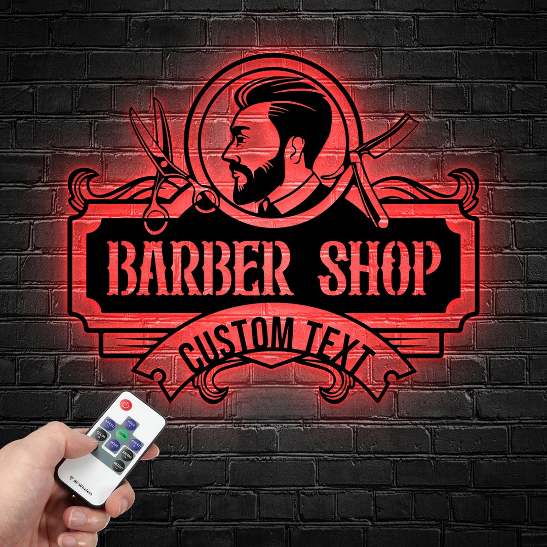 Personalized Barber Shop Metal Wall Art LED Light, Custom Barber Metal ...