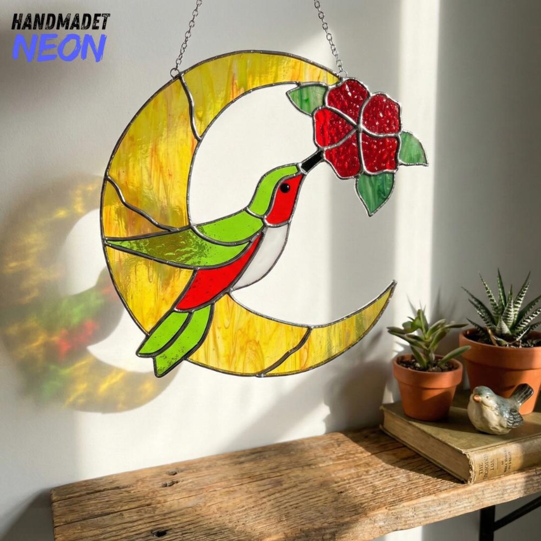Stained Glass Hummingbird Moon Suncatcher, Bird Window Hanging, Bird ...