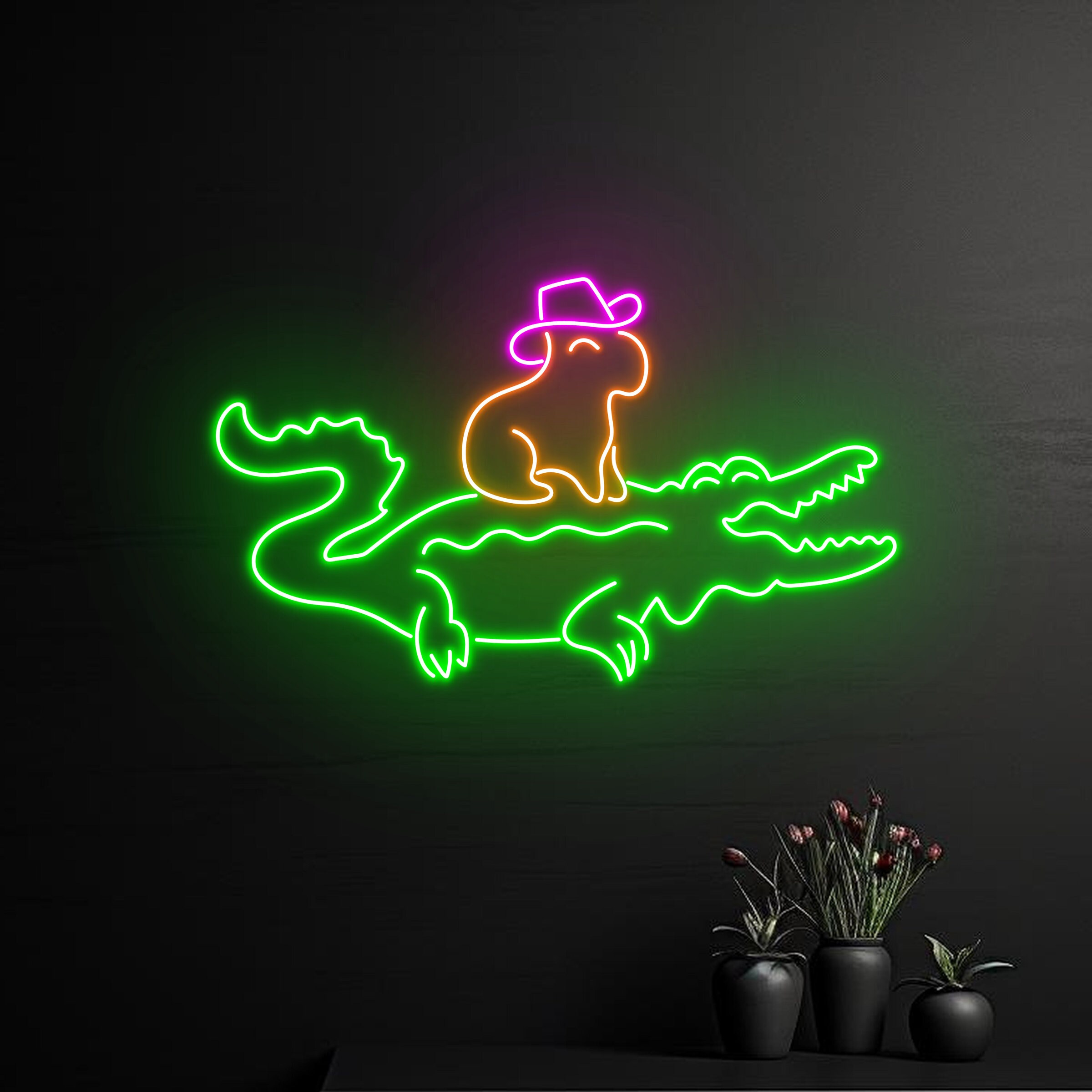 Cowboy Capybara Crocodile Neon Sign, Crocodile Capybara Cowboy Hat Led ...