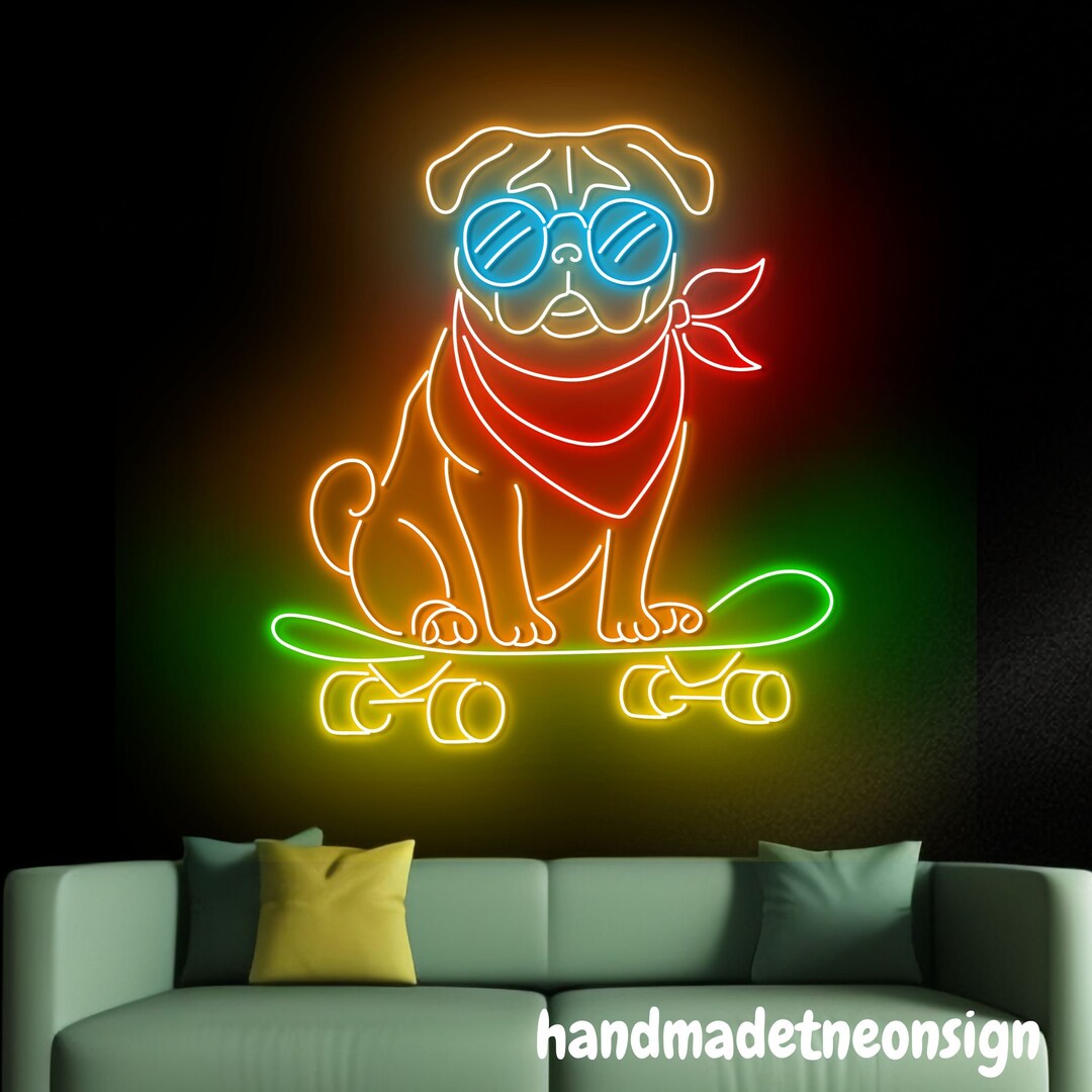 Pug Skateboarding Neon Sign, Pug Skateboard Led Sign, Pug Player Neon ...