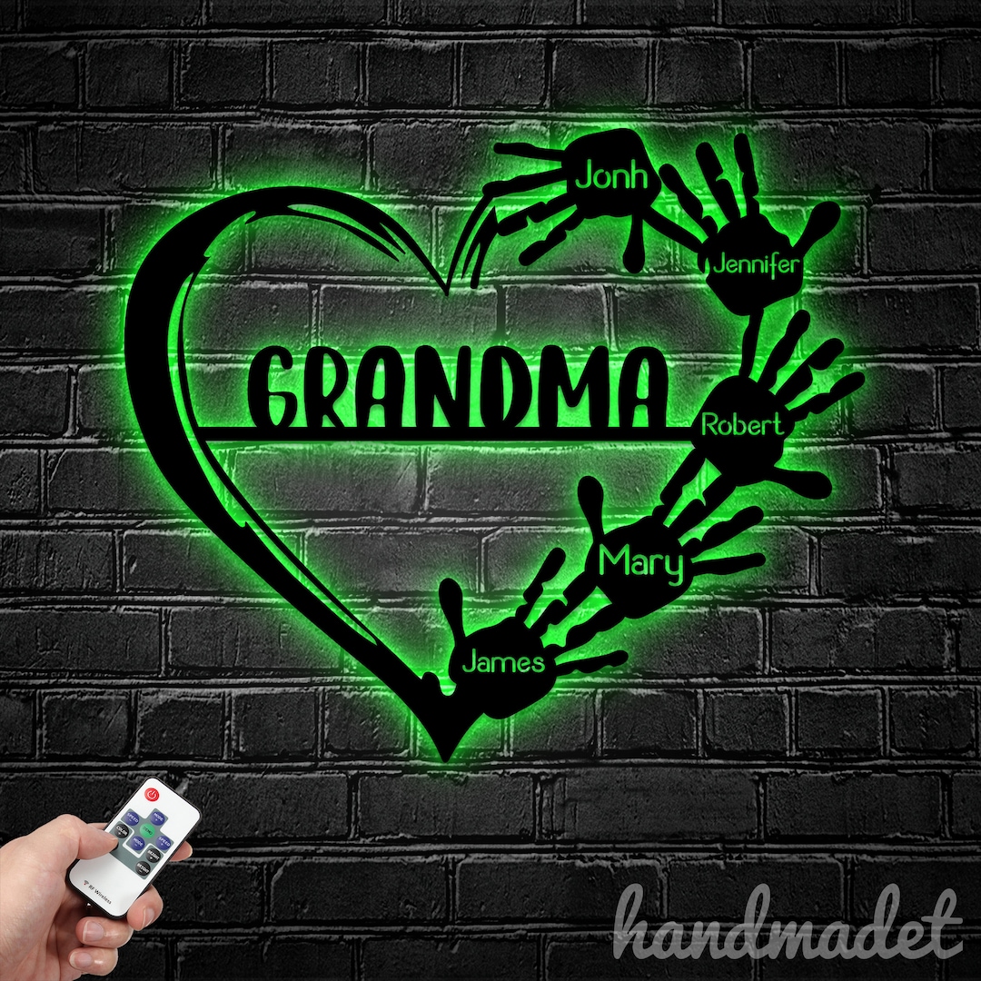 Custom Grandma Heart Grandchildren Metal Sign Wall Art LED Light ...