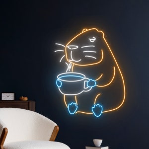 Capybara Coffee Neon Sign, Capybara Cafe Led Sign, Tea Cup Capybara Led ...