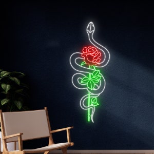 Snake Rose Flower Neon Light, Rose Snake Led Sign, Floral Snake Neon ...