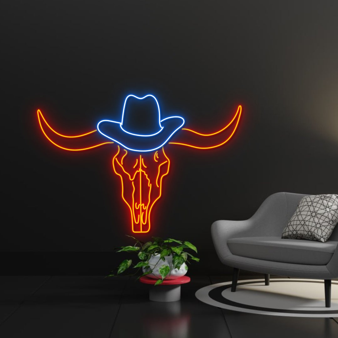 Bull Head Cowboy Hat Led Sign, Bull Head Cowboy Neon Sign, Wall Decor ...
