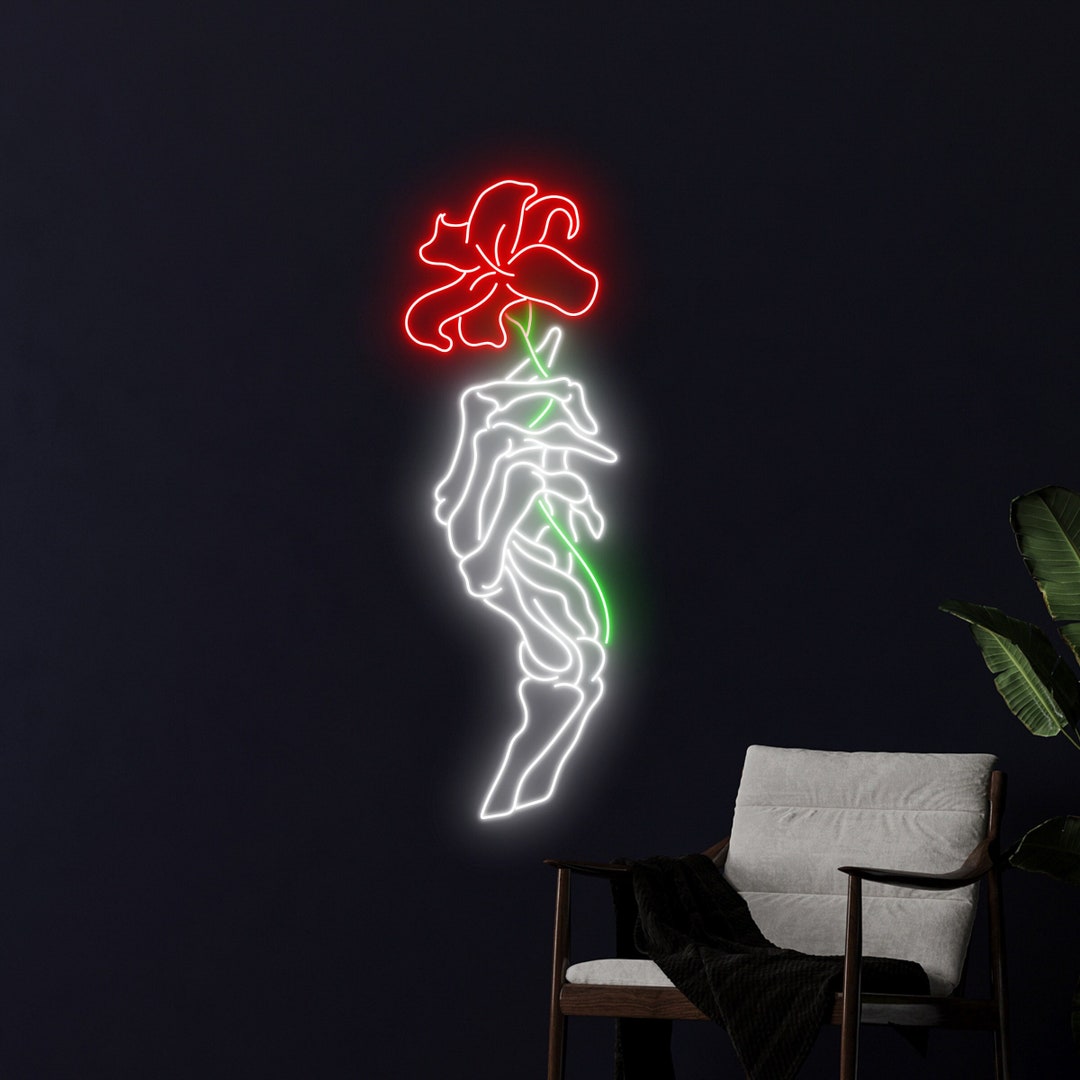 Skeleton Hand Hold Flower Neon Sign, Flower LED Light, Flower Skeleton ...